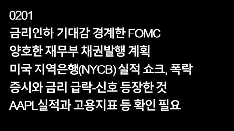 0201 금리인하 기대감 경계한 Fomc 양호한 채권발행 계획 미국 지역은행 실적 쇼크 증시와 금리 급락 전환의 신호 등장 검증 필요 Youtube