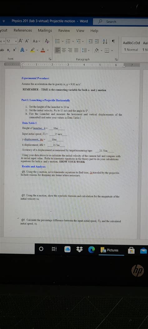 Solved Physics Lab Virtual Projectile Motion Word Chegg Com