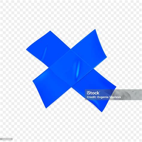 투명 한 배경에 격리 된 블루 덕트 수리 테이프 크로스 고정을위한 사실적인 파란색 접착 테이프 조각 접착제 크로스 용지 접착 사실적인 3d 벡터 일러스트레이션 3차원 형태에