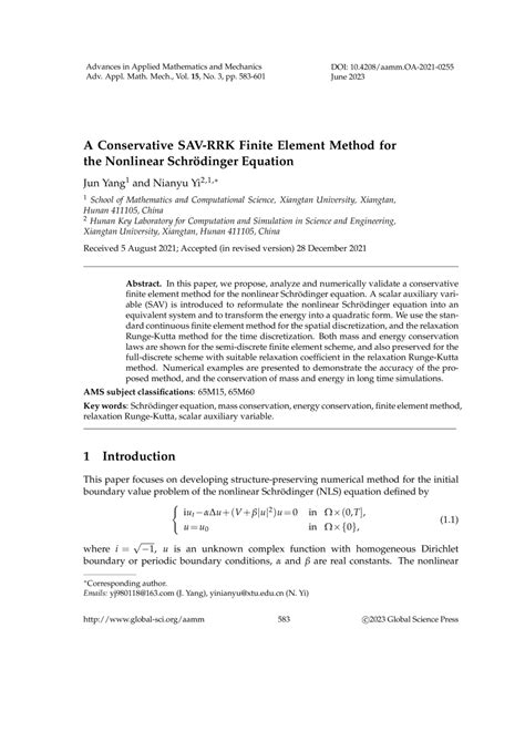 Global Science Press A Conservative Sav Rrk Finite Element Method For