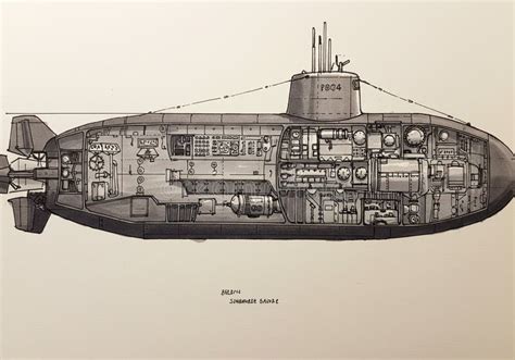 Detailed Technical Drawing Of A Submarine Cross Section Labeled Belgum