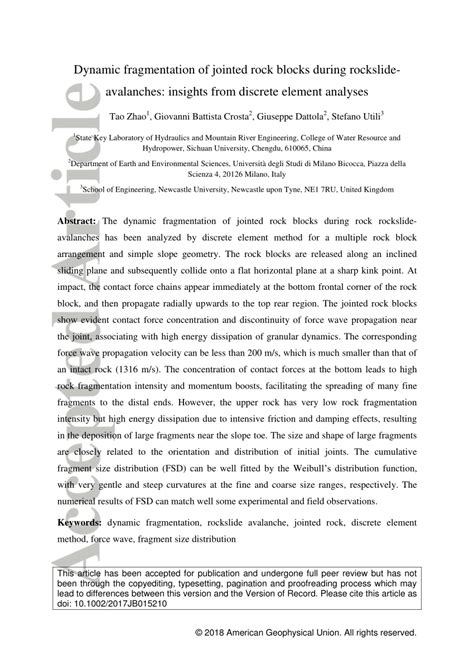 Pdf Dynamic Fragmentation Of Jointed Rock Blocks During Rockslide Avalanches Insights From