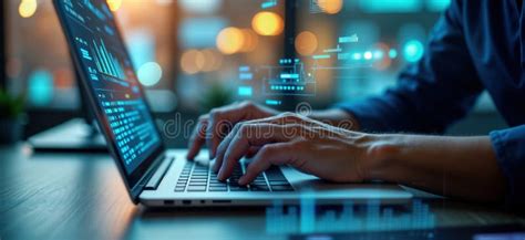 Person Uses Laptop With Modern Data Visualization Tools Hud Elements