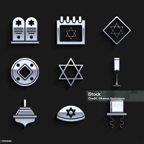 다윗의 별 별 데이비드가 있는 유대인 키파 정통 유대인 모자 사이드락 잔 하누카 드레이델 동전 및 툼스톤 아이콘을 설정합니다 벡터 0명에 대한 스톡 벡터 아트 및 기타