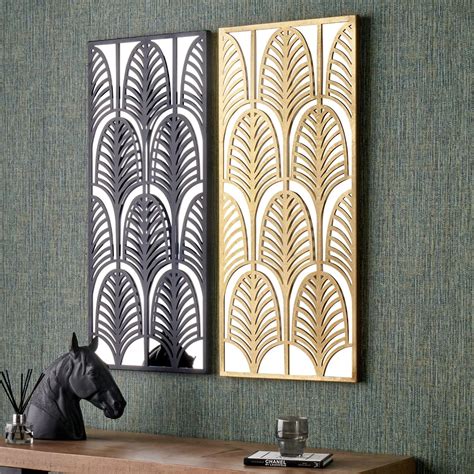 Tall Matt Black Metal Art Deco Mirrored Wall Art With Cut Out Palm Pat