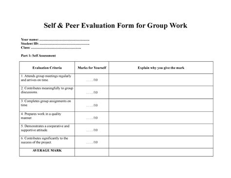 Self Peer Group Assessment Form 1 Self And Peer Evaluation Form For