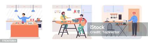 채식 음식을 요리하는 사람들 벡터 일러스트 레이 션입니다 저녁 식사를 위해 음식을 준비하는 여자입니다 요리하는 사람들 가정 주방에 대한 스톡 벡터 아트 및 기타 이미지