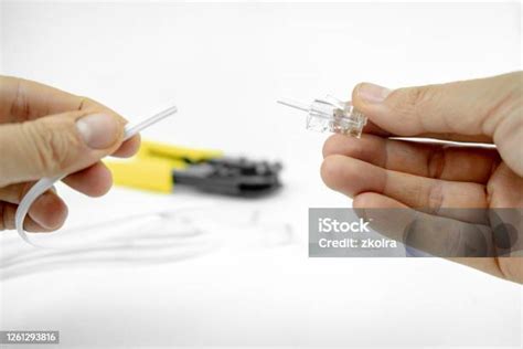 인터넷 또는 전화 선 케이블 및 크림퍼 트위스트 케이블 도구 트위스트 쌍 Utp 고양이 5 압착 Rj45 Lan 케이블 Rj45 커넥터압에 스테핑 금속에 대한 스톡 사진 및