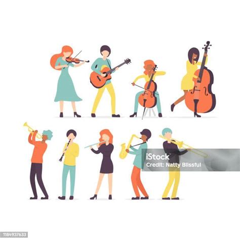 클라리넷 색소폰 트럼펫 플루트 트롬본 바이올린 콘트라바스 기타 첼로 놀기에 대한 스톡 벡터 아트 및 기타 이미지 놀기 악기 사람들 Istock