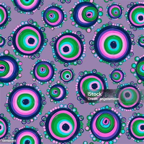기하학적 매끄러운 패턴 완벽하게 다른 크기의 색상으로 중첩 원을 접촉 질감 점으로 채워진 원으로 반복 패턴 섬유 포장지 배너용 핑크 온 라일락 0명에 대한 스톡 벡터 아트