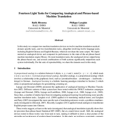 Fourteen Light Tasks For Comparing Analogical And Phrase Based Machine Translation Acl Anthology