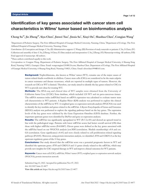 Pdf Identification Of Key Genes Associated With Cancer Stem Cell Characteristics In Wilms