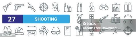 촬영 권총 소총 조준 사격 범위 모자 대상 웹 디자인 모바일 앱을위한 대상 벡터 얇은 선 아이콘과 같은 27 개의 개요 웹 촬영 아이콘 세트 0명에 대한 스톡 벡터 아트 및
