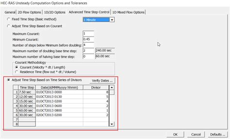 hec ras computation options and tolerances for unsteady flow modeling