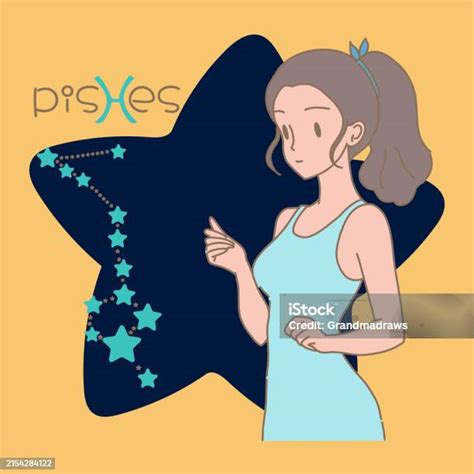포니테일 머리를 가진 여자 물고기 자리 조디악 점성술 기호 별자리 단어 및 별 손으로 그린 평면 만화 캐릭터 벡터 일러스트