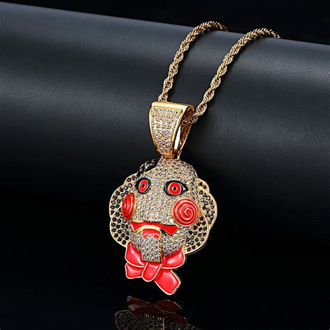 Tekashi Jigsaw Saw Pendant Silver Miami Cuban Link Chain Necklace Rap Bling Chains
