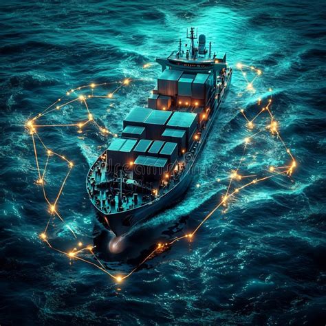 Futuristic Cargo Ship Navigating Illuminated Virtual Boundary Markers