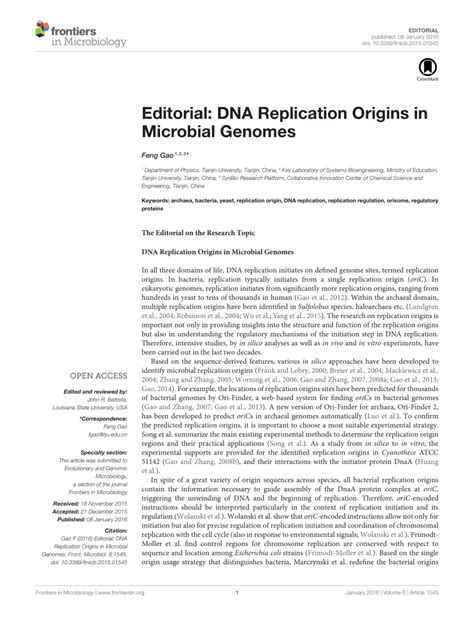 Pdf Editorial Dna Replication Origins In Microbial Genomes