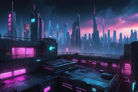 Cyberpunk Rooftop Skyline 3d Background Premium Ai Generated Image
