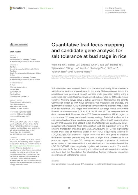 Pdf Quantitative Trait Locus Mapping And Candidate Gene Analysis For Salt Tolerance At Bud