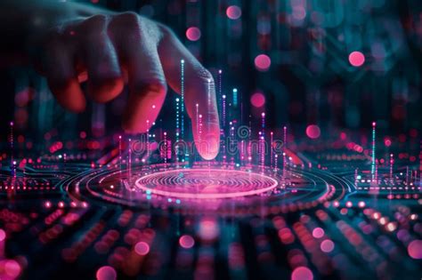 Finger Touching Digital Fingerprint Scanner On Glowing Virtual Keyboard