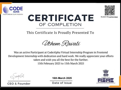Internship Completion Certificate Domain Frontend Ravali Uthem