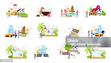 인도네시아 비즈니스 플랫 벡터 일러스트 세트입니다 코페 담배 생산 목재 산업 렌터카 임대 관광 대체 에너지 세무 컨설턴트 고립 된 만화 개념 가공의 인물에 대한 스톡 벡터