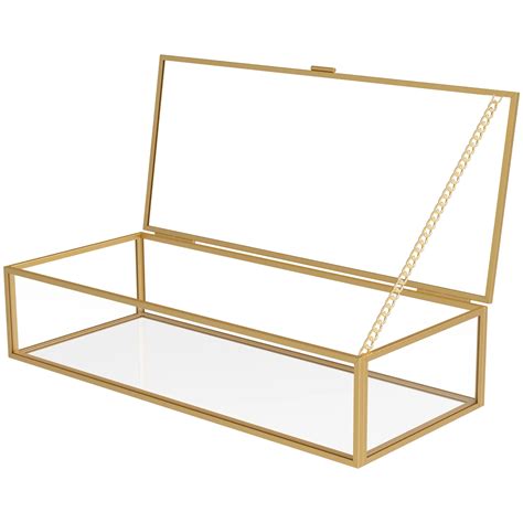 유리 보석 상자 장식 빈티지 경첩 뚜껑 및 거울 바닥 황금 직사각형 데스크탑 티몬