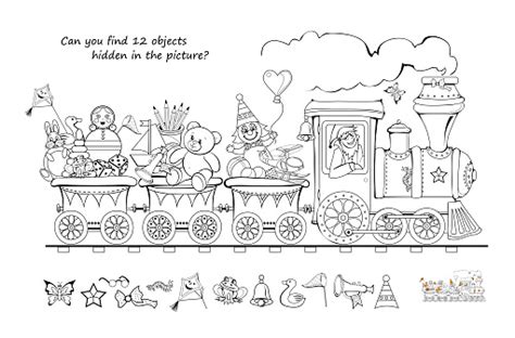 Can You Find 12 Objects Hidden In The Picture Logic Puzzle Game Illustration Of A Train With
