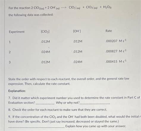 Solved For The Reaction 2clo2 Aq 2oh Aq ⋯clo2 Aaq Clo3