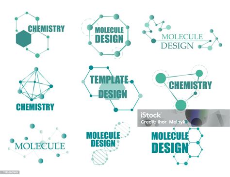 구조 분자로 로고 세트 로고 Dna 연결 다이어그램 분자 상호 작용을 연결하는 생물학 분자 구조 로고 분자 그리드 및 화학