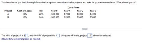 solved the npv of project a is and the npv of project b