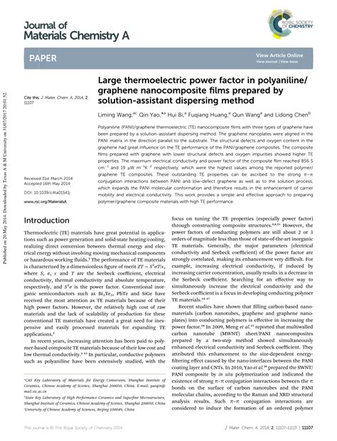 Pdf Large Thermoelectric Power Factor In Polyanilinegraphene Nanocomposite Films Prepared By