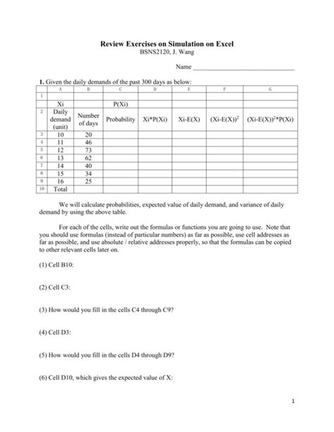 review exercises on simulation on excel