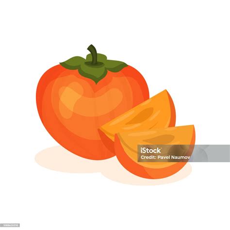 전체 감 그리고 두 조각입니다 달 콤 하 고 맛 있는 과일입니다 자연 하 고 건강 한 음식입니다 제품 포장에 대 한 평면 벡터 감에 대한 스톡 벡터 아트 및 기타 이미지