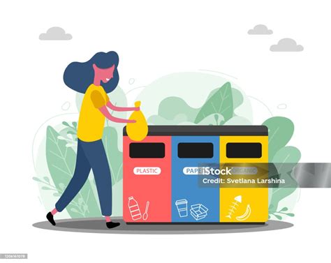 행복한 여성은 재활용 기호와 쓰레기통에 쓰레기를 버린다 쓰레기 생태 및 재활용 개념 폐기물 사회적 그림을 활용합니다 트렌디 한