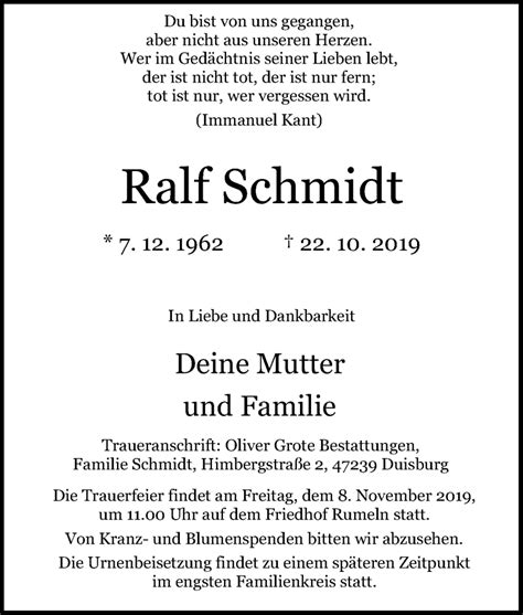 Traueranzeigen Von Ralf Schmidt Trauer In Nrw De