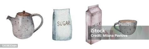 티 파티의 일러스트레이션의 수채화 세트 핸드 드로잉 공예 주전자 컵 우유 패키지 설탕 포장 커피 하우스 가을에 대한 스톡 벡터 아트 및 기타 이미지 Istock