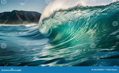 Whirling Reflections Awe Inspiring Sea Waves Ethereal Clouds And Pristine Foam Stock