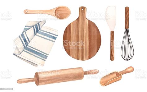 수채화 세트 액세서리 주방 용품 클립 아트 빵집 세트에는 나무 주걱과 숟가락 키친 타월이 포함되어 있습니다 테이블 아이템의 배경으로 완벽합니다 격리된 그림 요소 수채화에