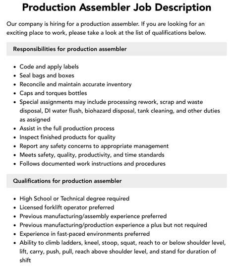 Production Assembler Job Description Velvet Jobs