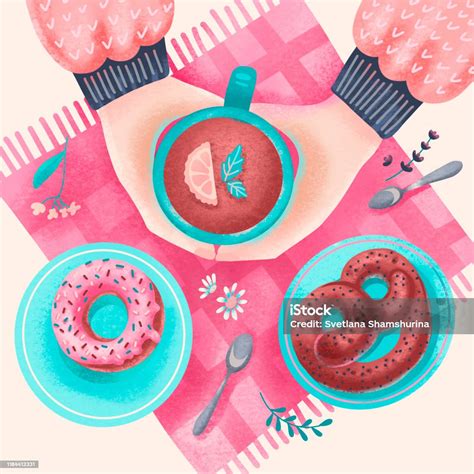 두 손과 함께 머그잔 커피를 마시고 뜨거운 컵과 차 커피 휴식 카페에서 테이블의 상단 보기 허브와 과자를 곁들인 아늑한 따뜻한 음료 플랫 텍스처 핸드 그린 일러스트 시점에