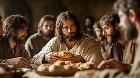 Jesus Sharing Bread With His Disciples During The Last Supper Premium