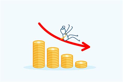 사업가 스틱 피규어 캐릭터 미끄러지는 동전 더미에서 떨어지는 것 사업 실패 경제 위기 파산 개념 다운 차트 부정적인 화살표