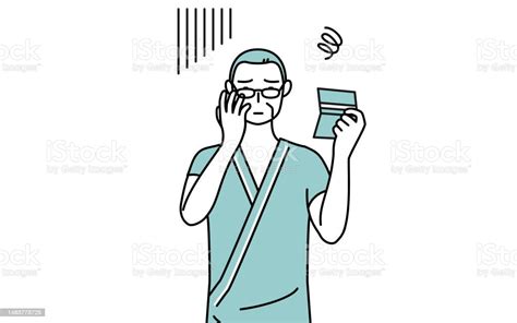 병원 가운을 입은 중년 및 고령 남성이 통장을 보고 우울함을 느끼는 환자 건강 진단에 대한 스톡 벡터 아트 및 기타 이미지 건강 진단 건강관리와 의술 검사 보기