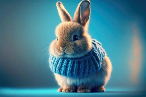 Premium Photo Cute Fluffy Bunny In Blue Sweater With Floppy Ears On