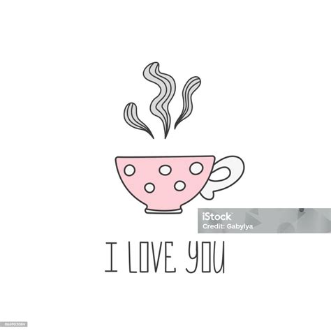 손 차 폴카 도트 티 컵의 그림을 그려 발렌타인 데이 인사말 카드 서식 파일 디자인에 대 한 벡터 일러스트입니다 귀여운에 대한 스톡 벡터 아트 및 기타 이미지 Istock