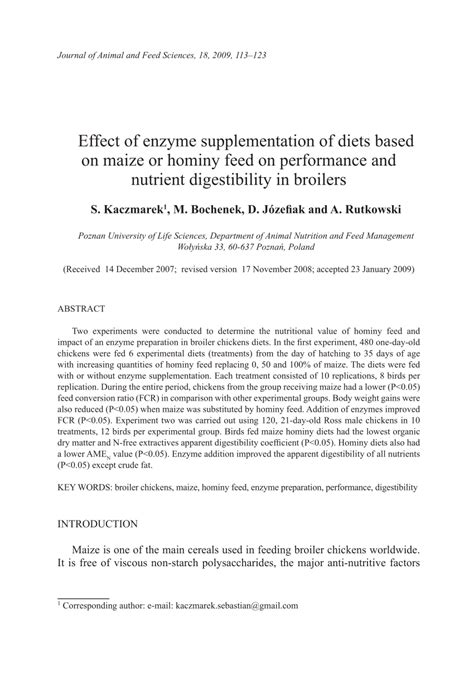 Pdf Effect Of Enzyme Supplementation Of Diets Based On Maize Or Hominy Feed On Performance And