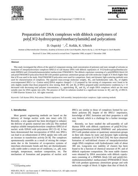 Pdf Preparation Of Dna Complexes With Diblock Copolymers Of Poly N2