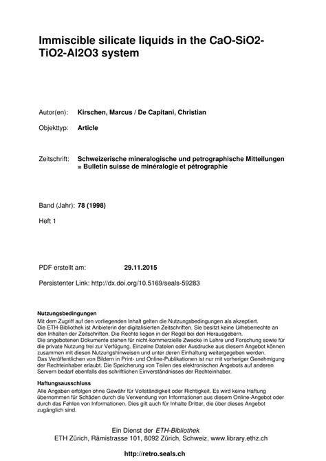 Pdf Immiscible Silicate Liquids In The Cao Sio2 Tio2 Al2o3 System